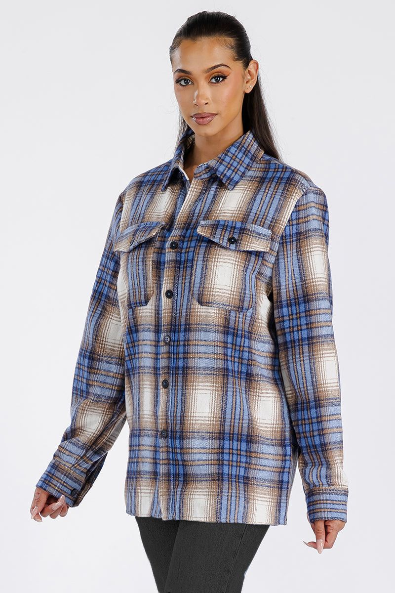 WEIV Boyfriend Oversized Soft Flannel Shacket FL506-BLUESAND - Karmaloop