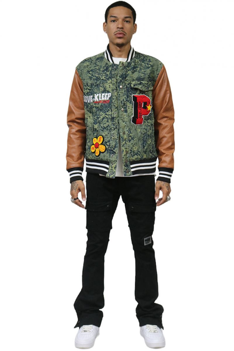 KLEEP ROBIN Men's Jacquard Body with faux Leather Sleeve Varsity Jacket ...