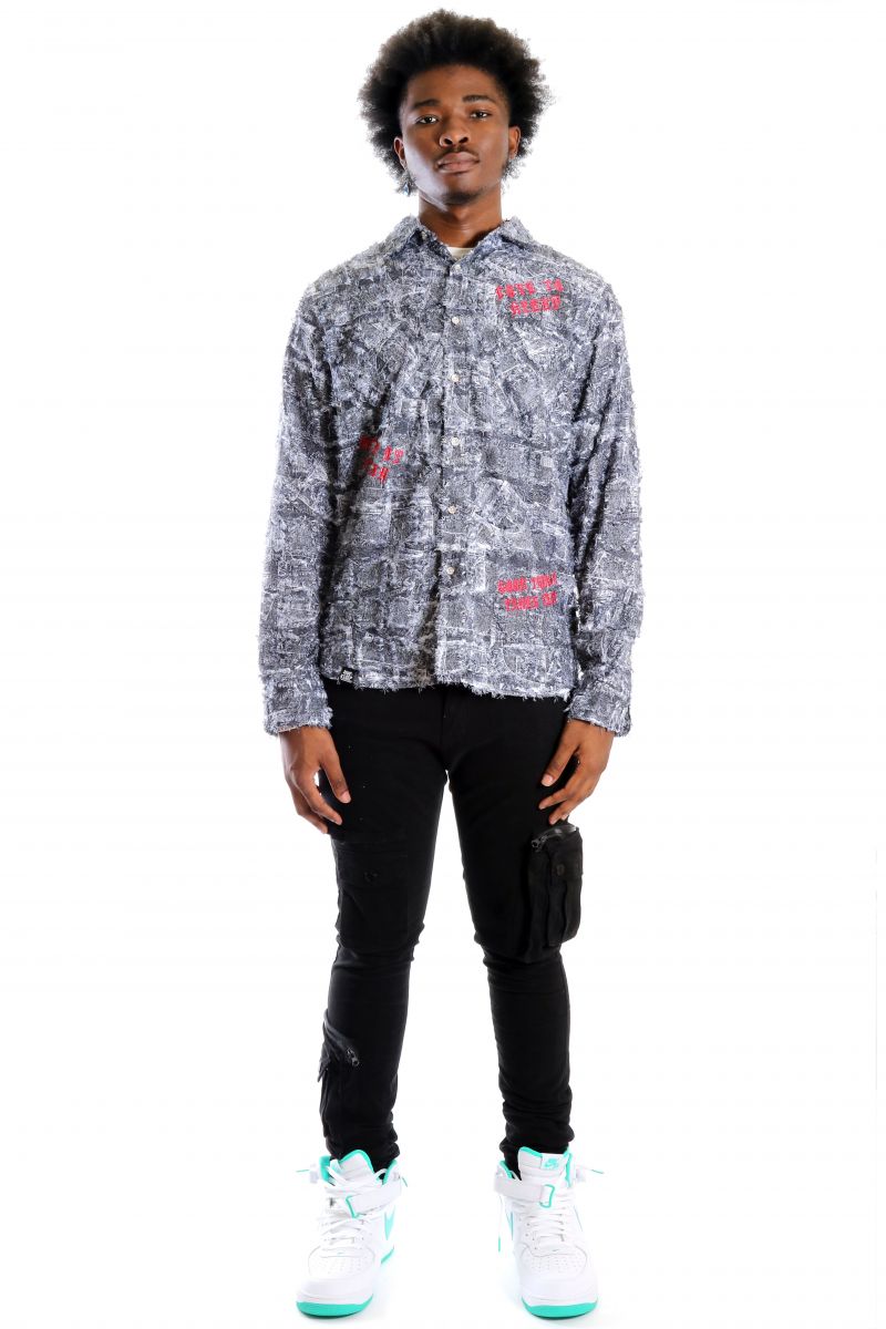 KLEEP Yeti Men's ripped & repaired button down shirt KLP-086EA4 - Karmaloop