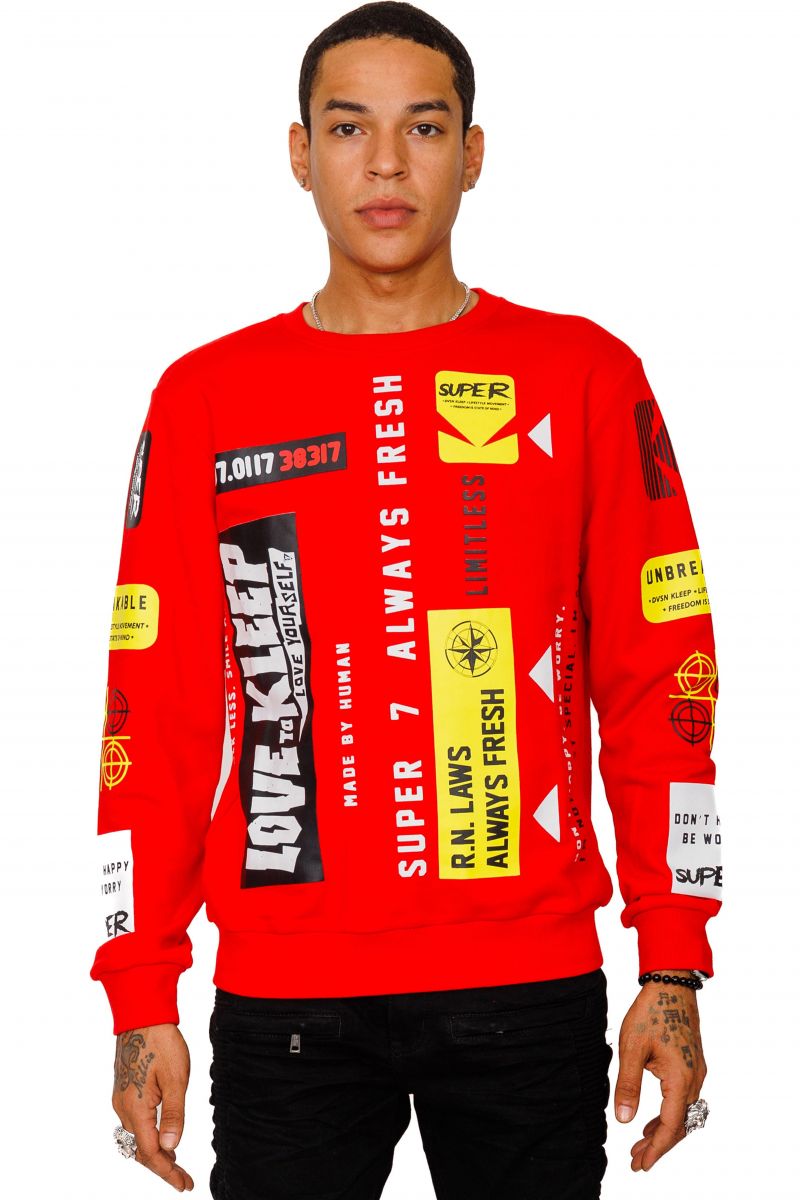 KLEEP AKAKO Men's graphic print cotton red french terry pullover ...