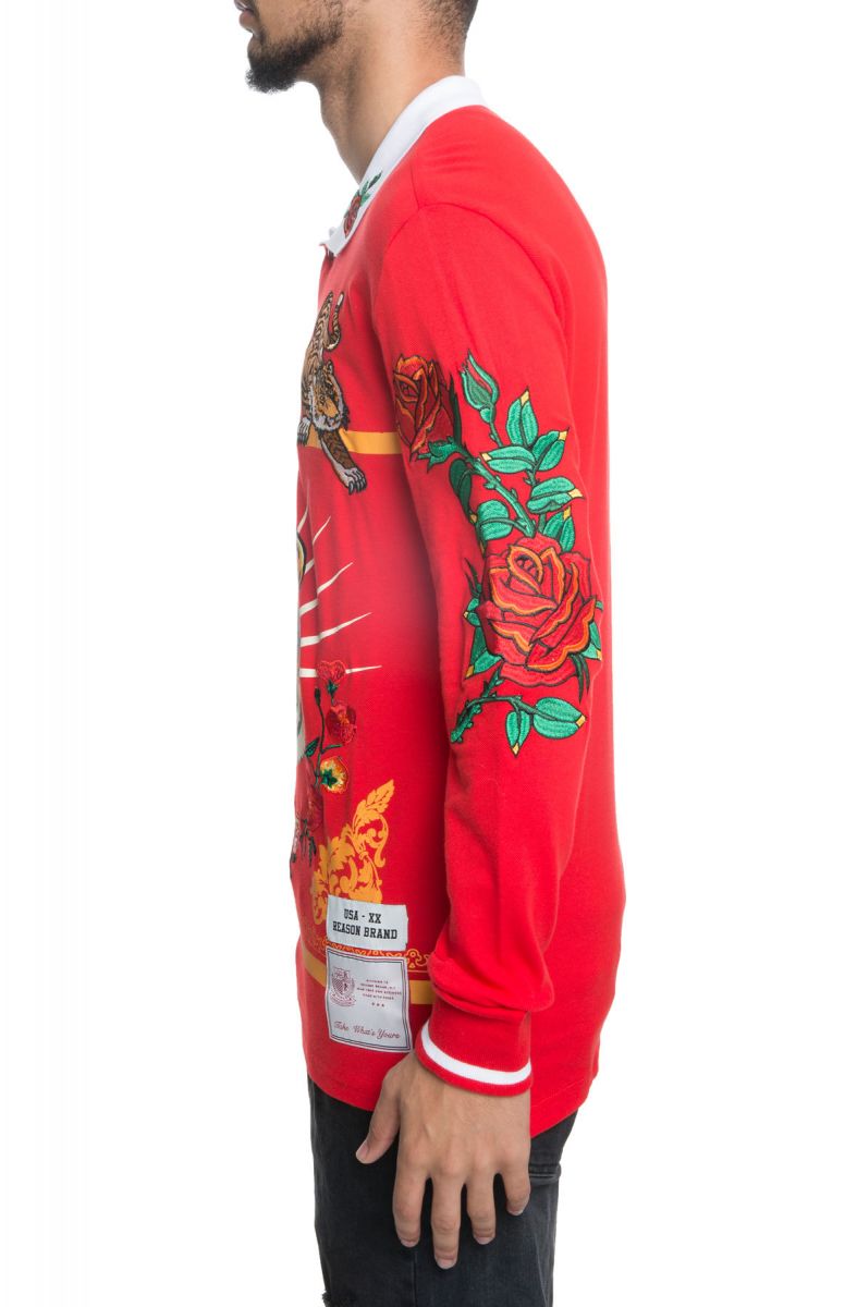 REASON The Tigers Rugby Long Sleeve Polo Shirt in RED T9-49-RED - Karmaloop
