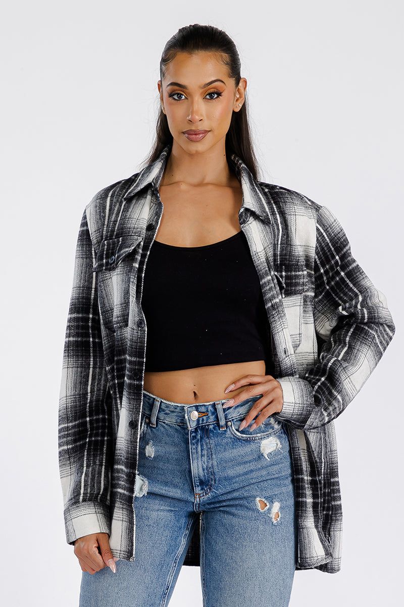 WEIV Boyfriend Oversized Soft Flannel Shacket FL504-BKWH - Karmaloop