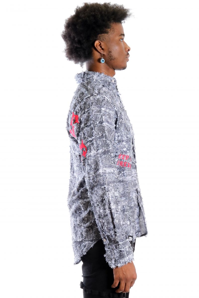 KLEEP Yeti Men's ripped & repaired button down shirt KLP-086EA4 - Karmaloop