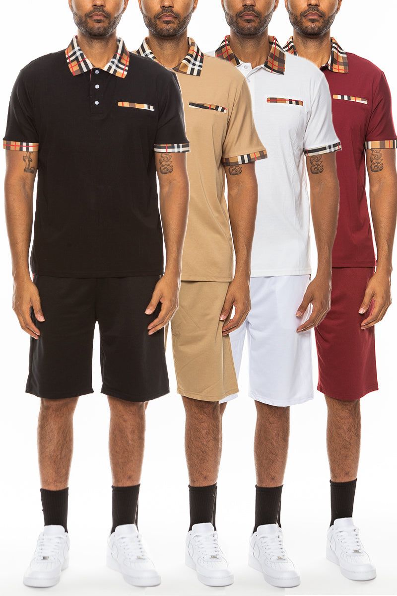 WEIV Checkered Detail Polo Short Set EMS-EMT4102-KH - Karmaloop