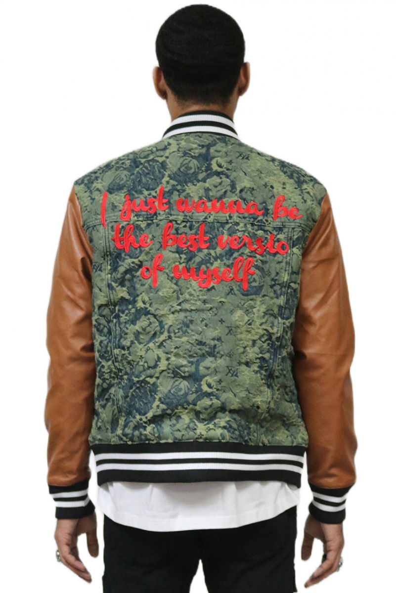 KLEEP ROBIN Men's Jacquard Body with faux Leather Sleeve Varsity Jacket ...