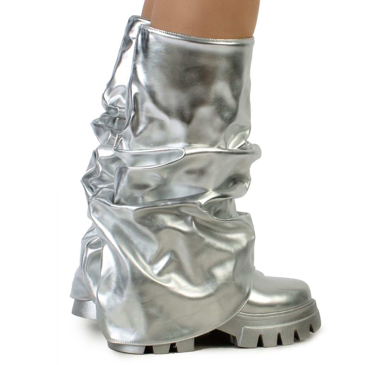 AZALEA WANG Chunky Flat Boot MATE-SILVER - Karmaloop