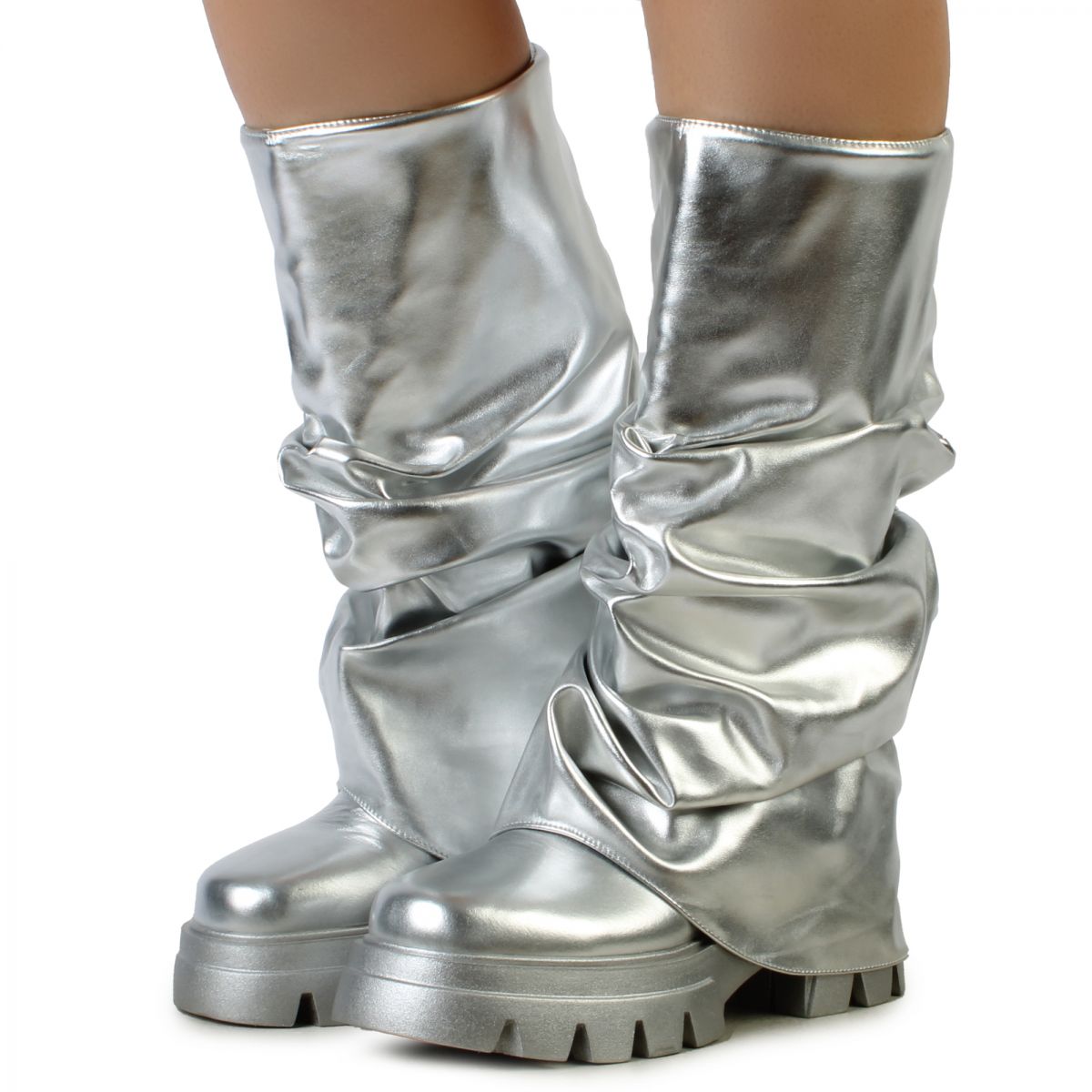 AZALEA WANG Chunky Flat Boot MATE-SILVER - Karmaloop