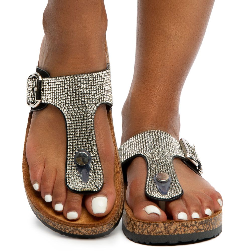 FOREVER LINK INTERNATIONAL Berk-04 Rhinestone Sandals BERK-04-BLACK - PLNDR