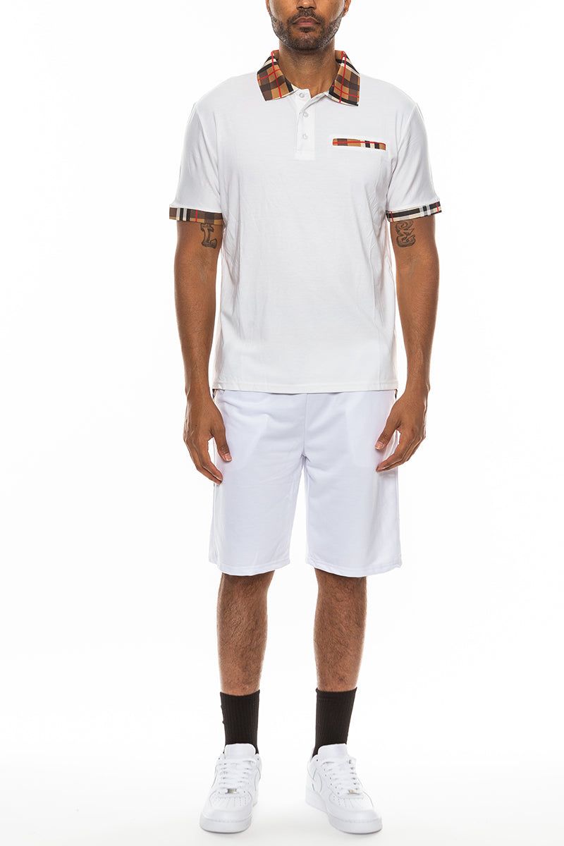 WEIV Checkered Detail Polo Short Set EMS-EMT4102-WH - Karmaloop
