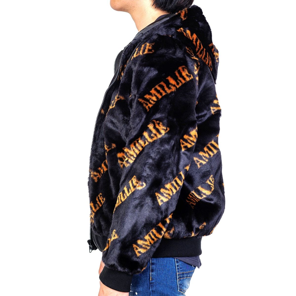 KLEEP Jeff Black Reversible Faux Fur Bomber Jacket with Amillion typo ...