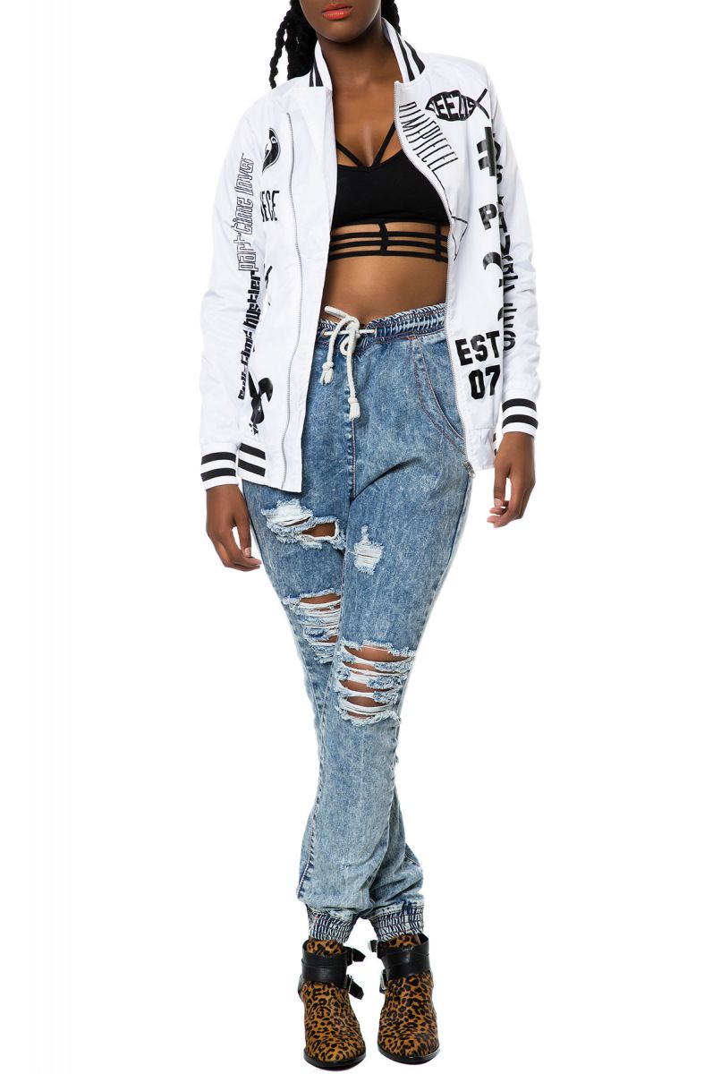 Dimepiece La The Verbiage Varsity Jacket In White C14oe01 Wht Plndr