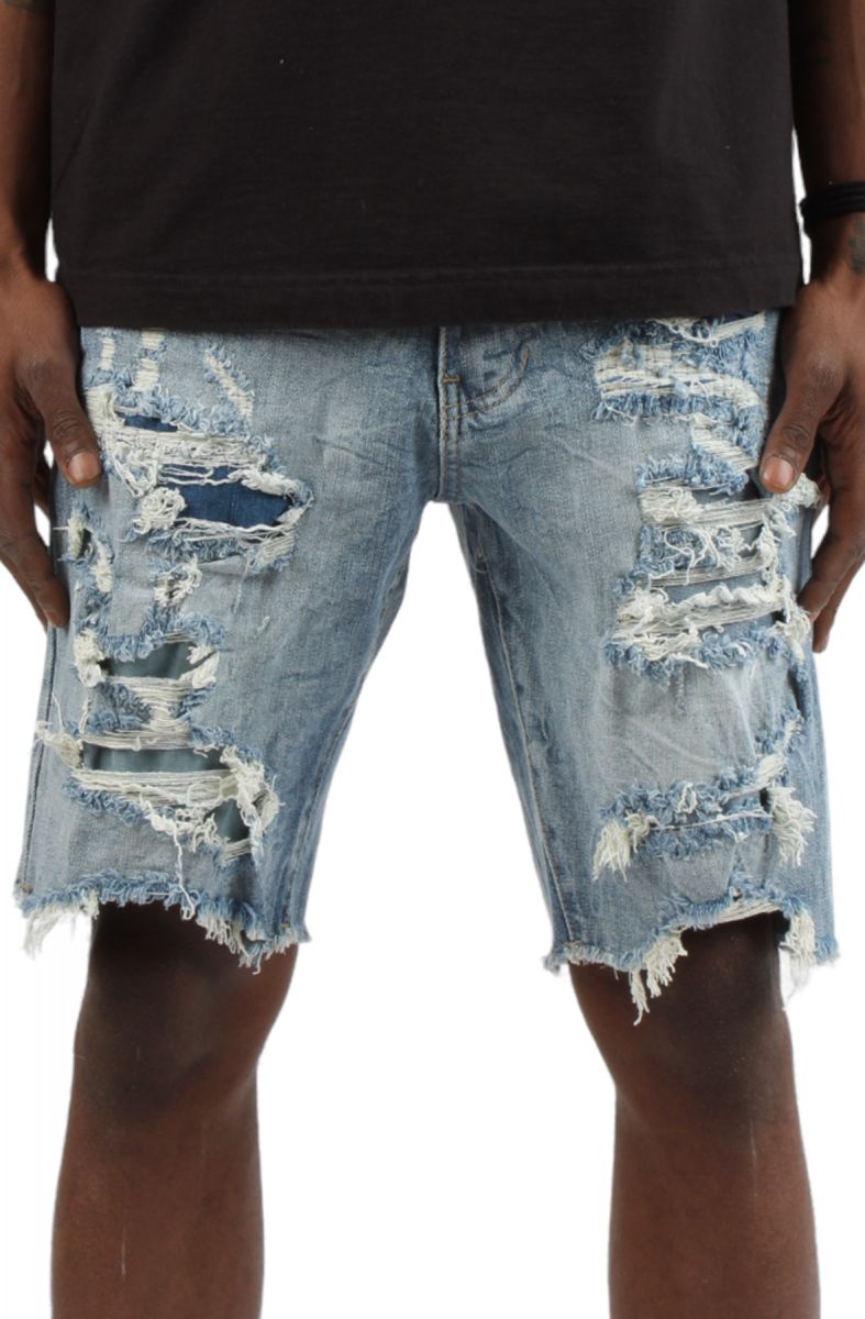 SMOKE RISE Distressed Rip & Repair Denim Shorts JS21121SKZ-CBLU - Karmaloop