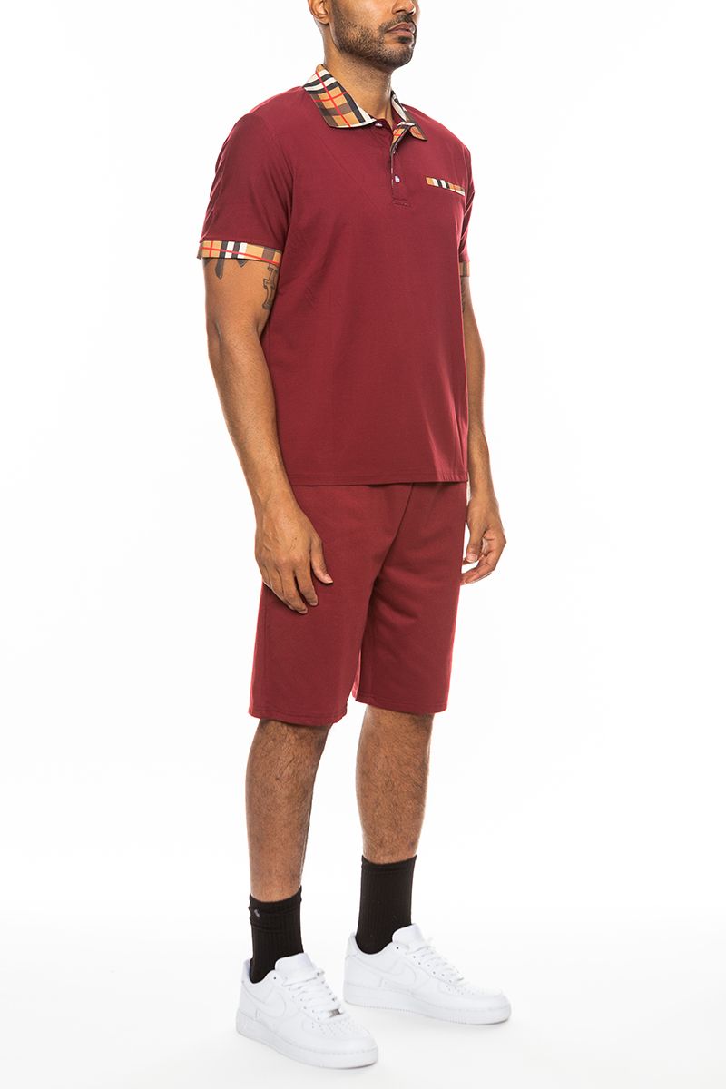 WEIV Checkered Detail Polo Short Set EMS-EMT4102-BUR - Karmaloop