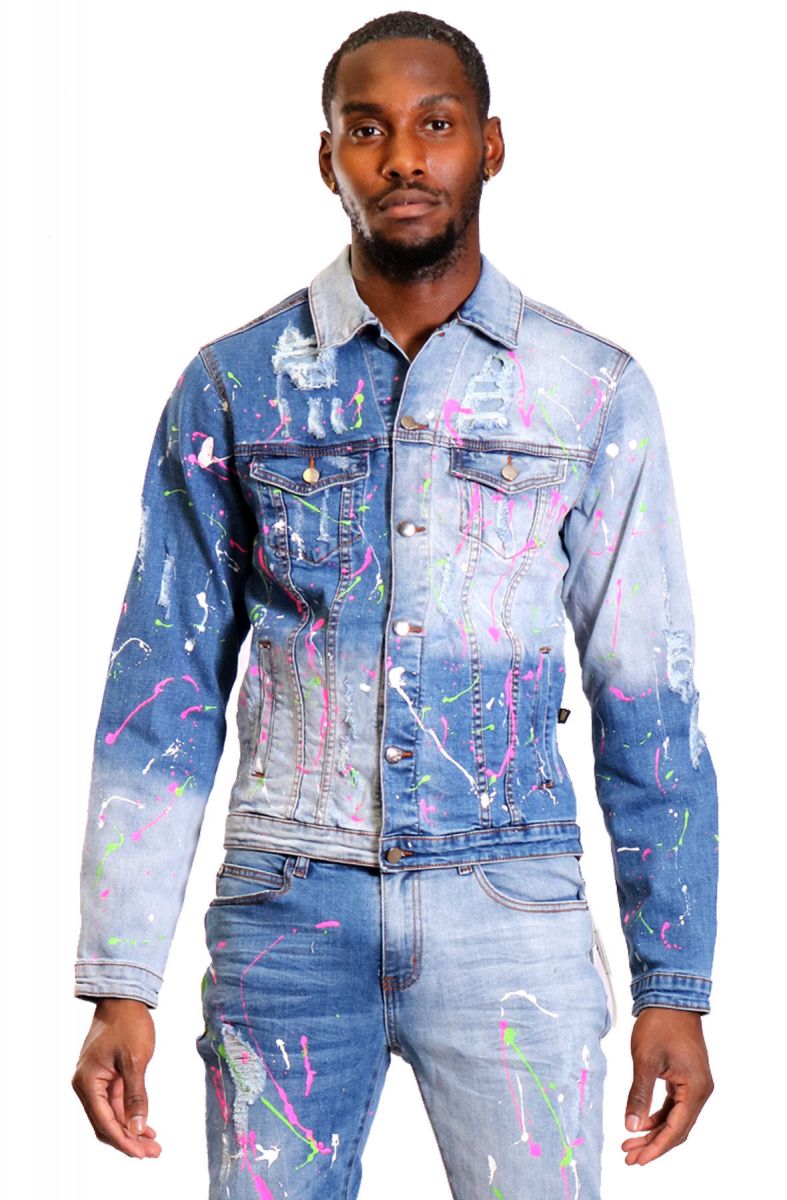 KLEEP Men's premium stretch denim jacket with spot area washed KJ-9980 ...