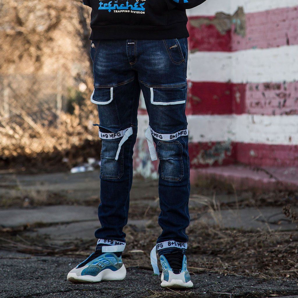 8&9 MFG CO. Strapped Up Slim Utility Dark Washed Jeans PSTRDRKD - Karmaloop