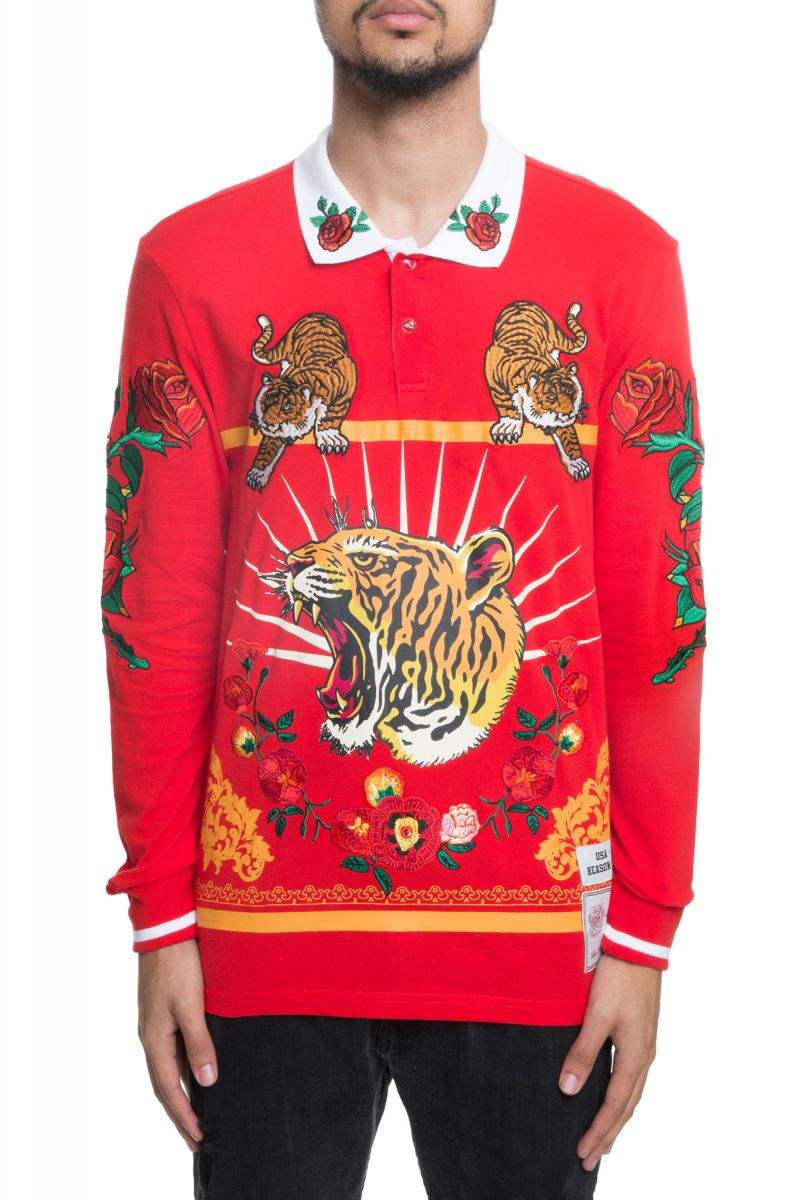 REASON The Tigers Rugby Long Sleeve Polo Shirt in RED T9-49-RED - Karmaloop