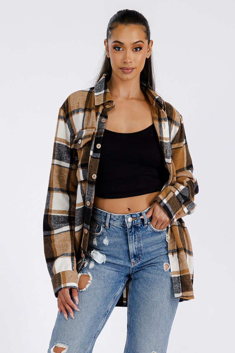 WEIV Boyfriend Oversized Soft Flannel Shacket FL102-ALMOND - Karmaloop
