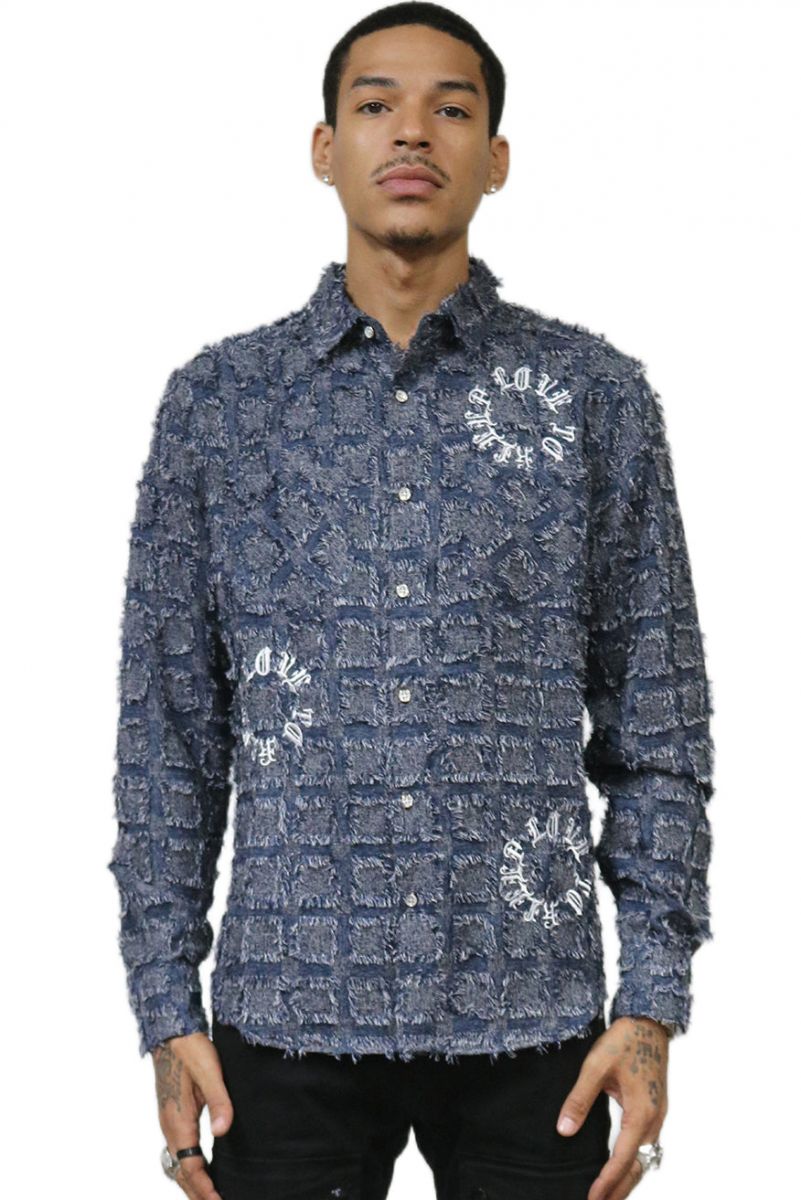 KLEEP Fumo Men's ripped & repaired button down shirt KLP-3C5BB1 - Karmaloop
