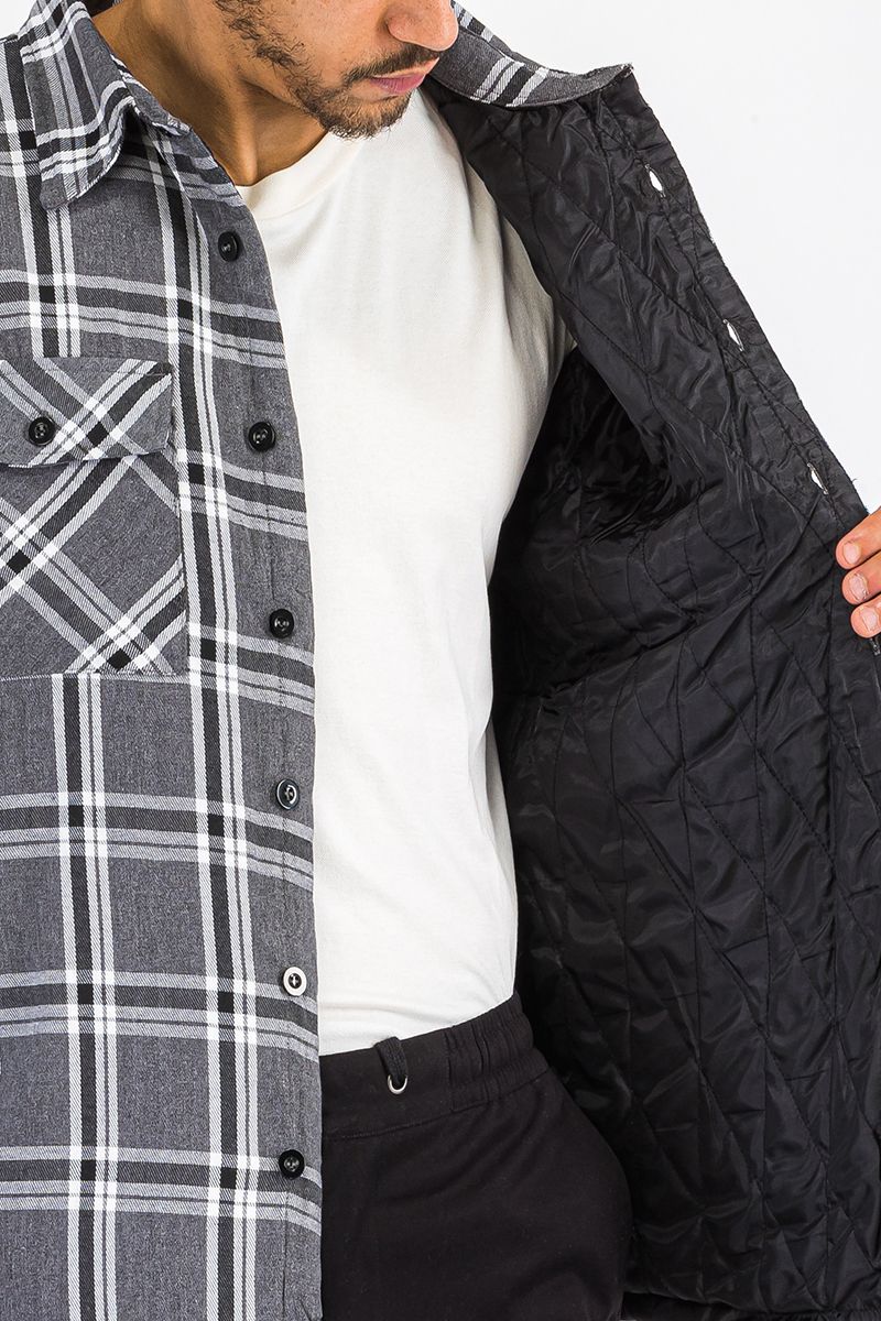 WEIV Mens Quilted Flannel Shacket FL305-GREYBK - Karmaloop