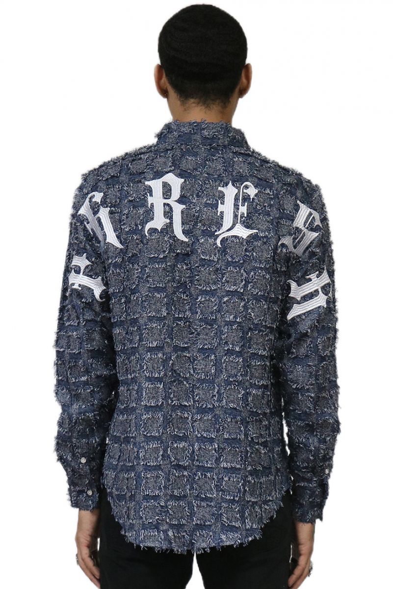 KLEEP Fumo Men's ripped & repaired button down shirt KLP-3C5BB1 - Karmaloop