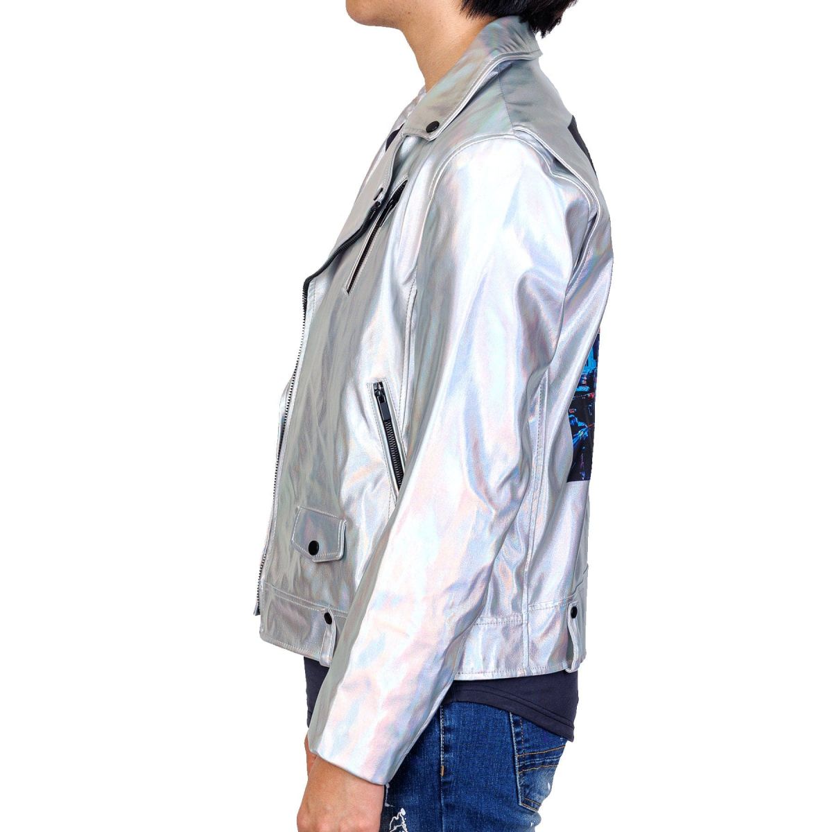 KLEEP Hologram Graphic printed on back Metallic Faux leather Biker ...