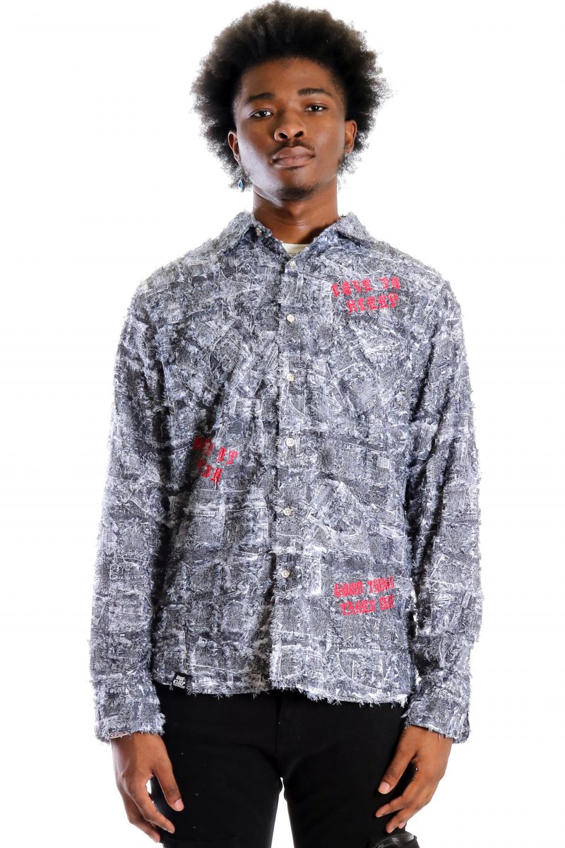 KLEEP Yeti Men's ripped & repaired button down shirt KLP-086EA4 - Karmaloop