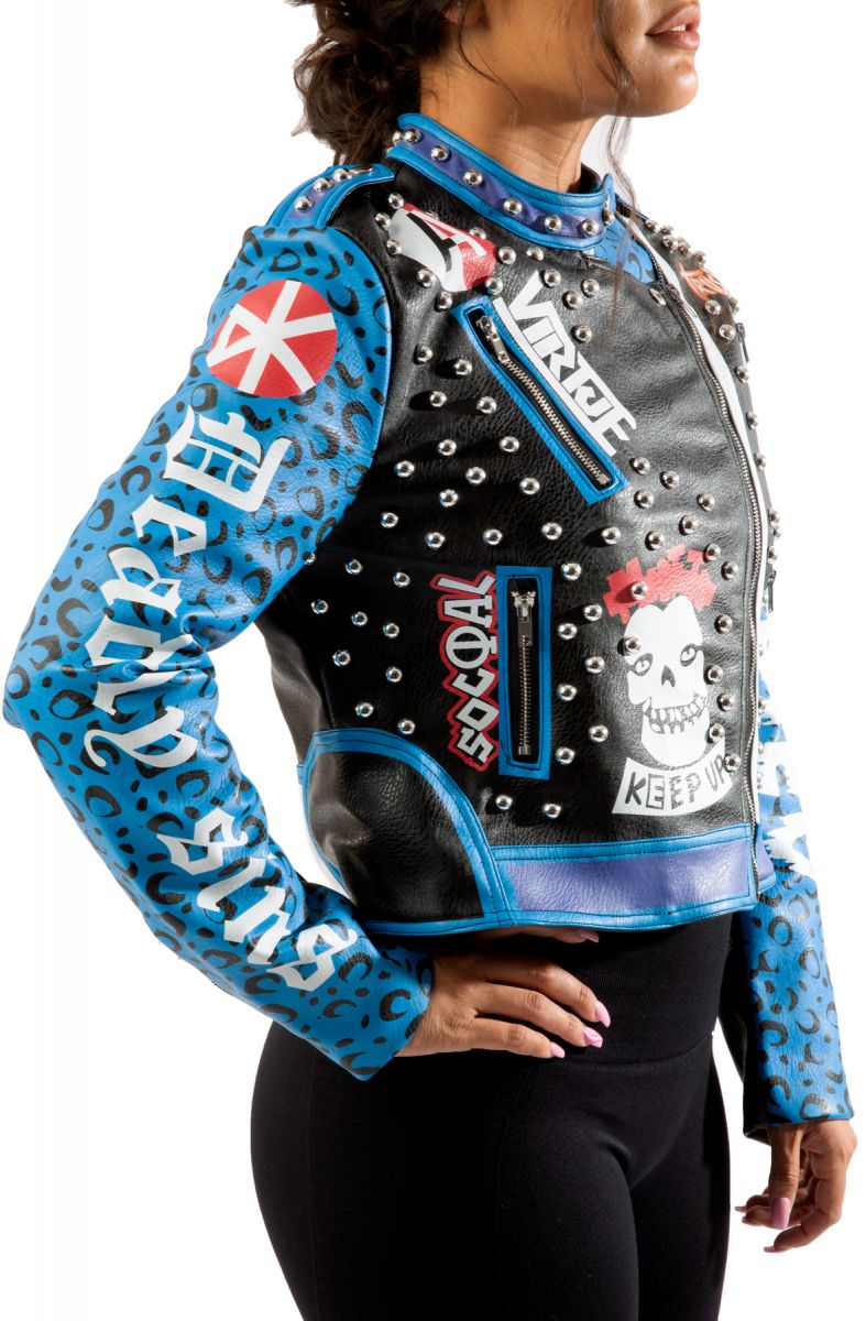 AZALEA WANG Graphic Studded Leather Jacket BLUEWORLD-BLU - Karmaloop