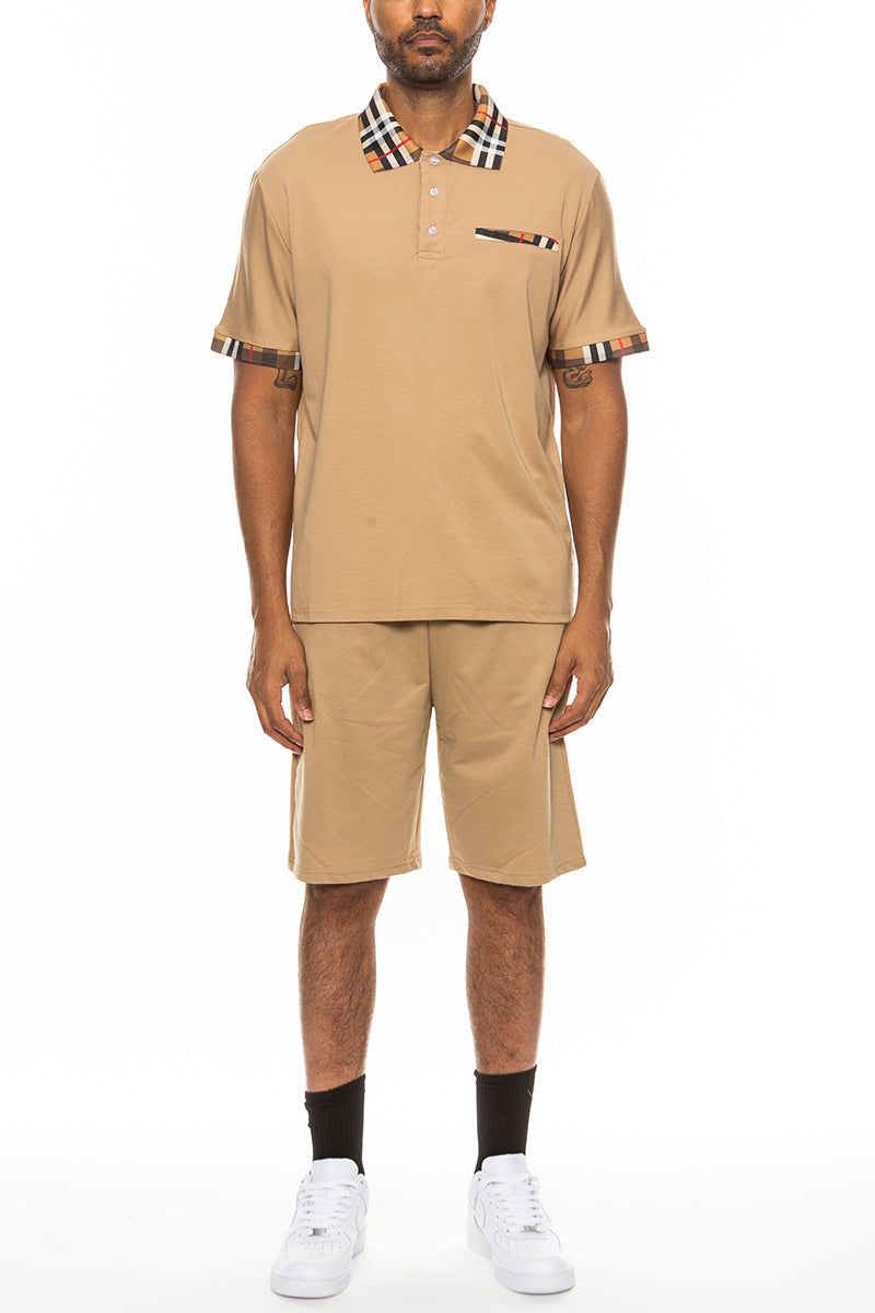 WEIV Checkered Detail Polo Short Set EMS-EMT4102-KH - Karmaloop