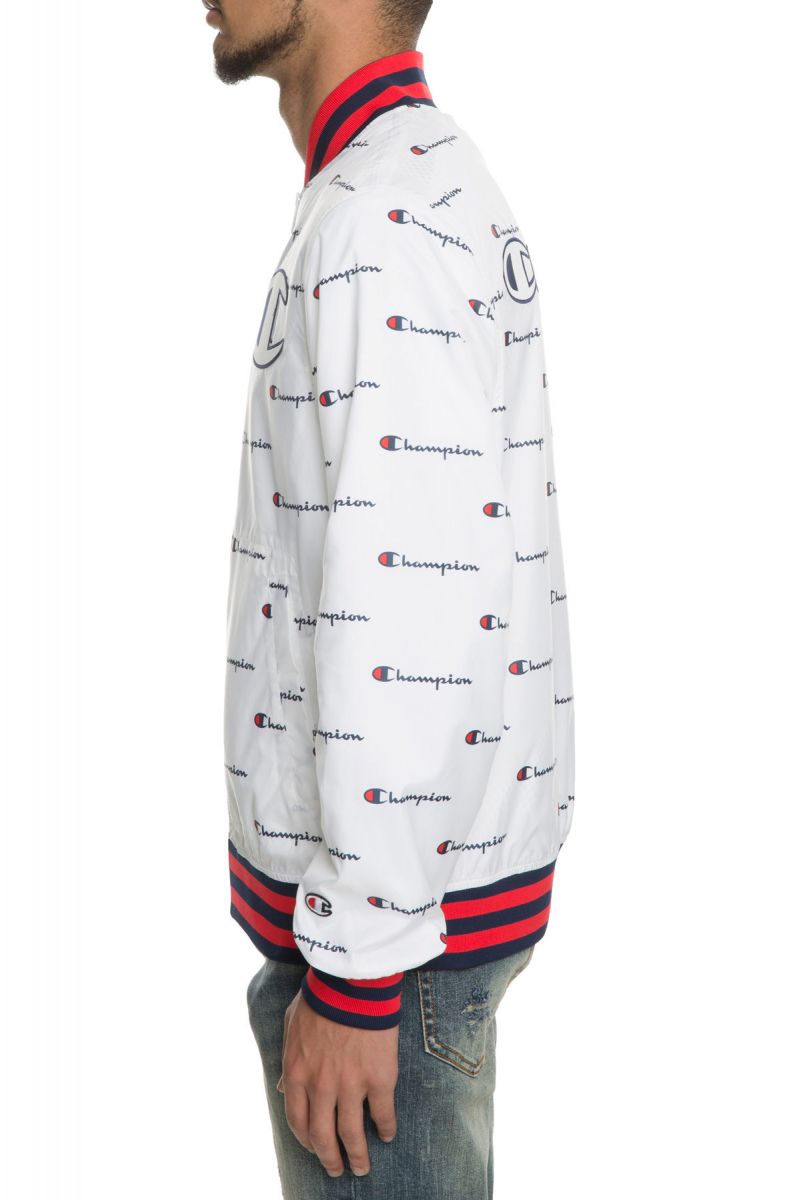 CHAMPION The Satin Printed Baseball Letterman Jacket in White and Navy ...
