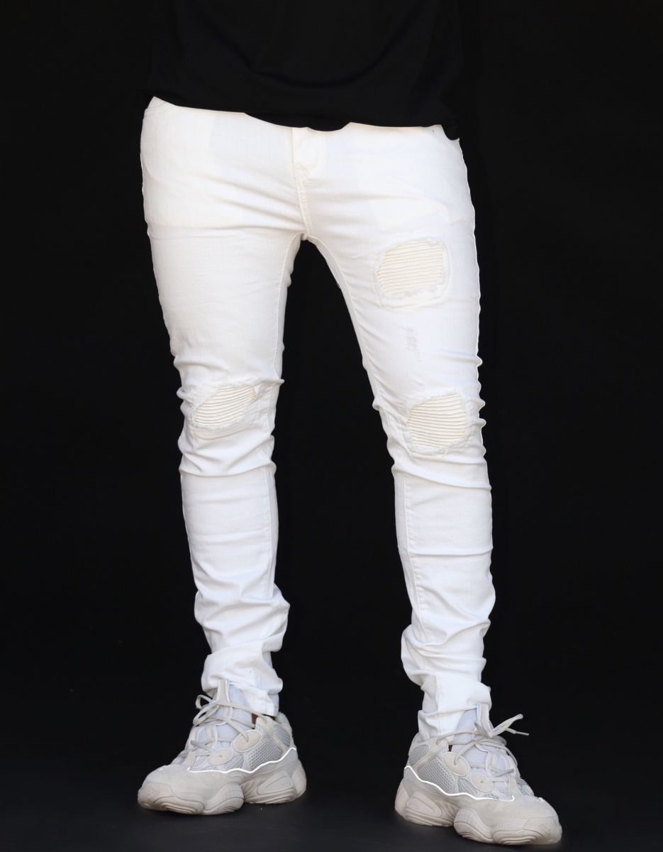 NOKWAL Skinny - Off White Biker w/ Pleated Leather Panel Insets ...