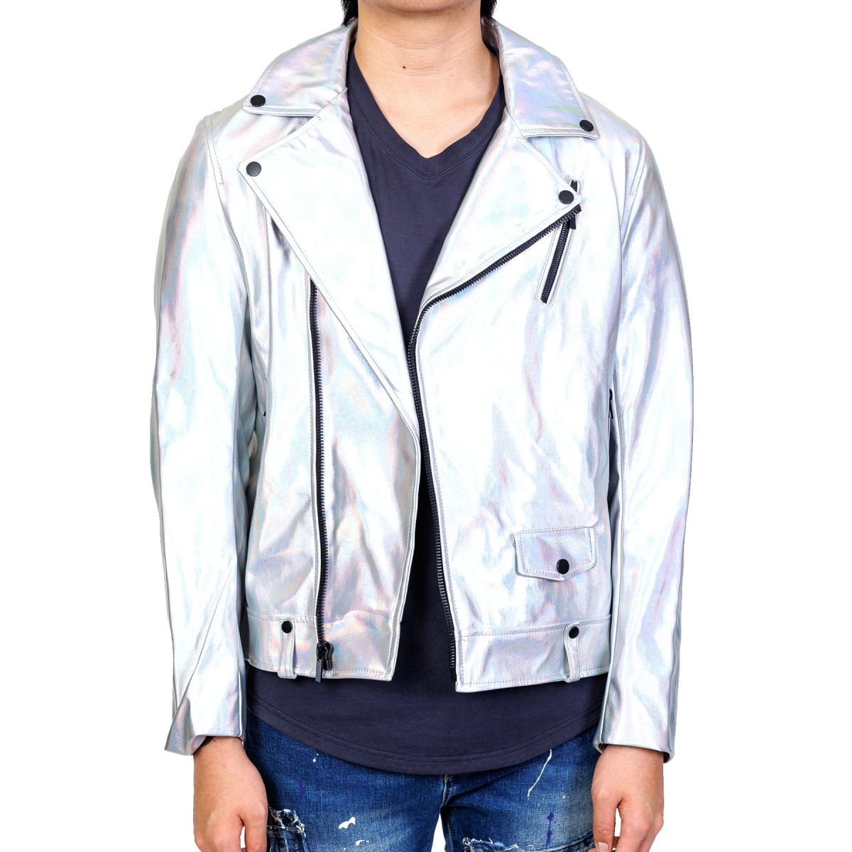 KLEEP Hologram Graphic printed on back Metallic Faux leather Biker ...