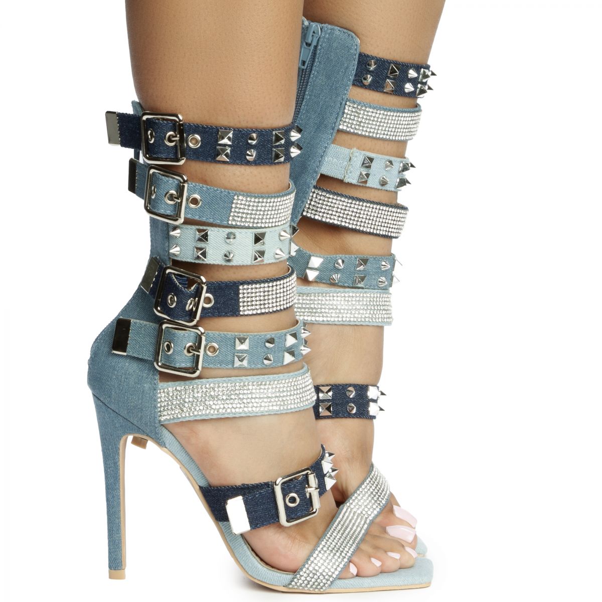AZALEA WANG Trace Rhinestone Studded Strappy Heel TRACE-DENIM - PLNDR