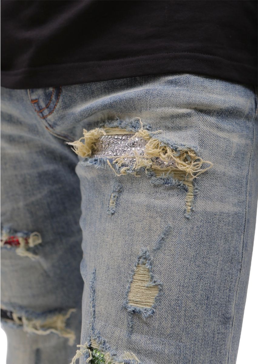 NOKWAL Multi Color Paisley Distressed Rhinestone Skinny Denim NKWL ...