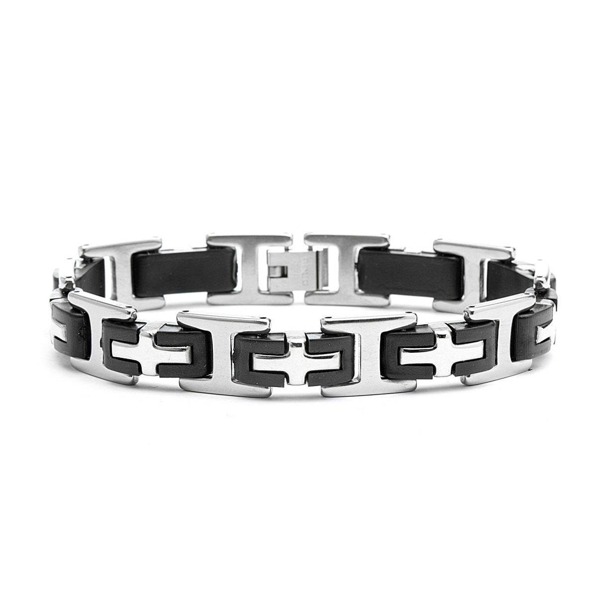 STEELTIME Stainless Steel Link Bracelet With Black Rubber 613-055 ...