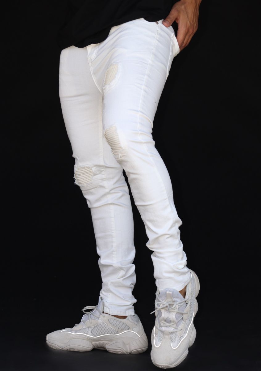 NOKWAL Skinny - Off White Biker w/ Pleated Leather Panel Insets ...