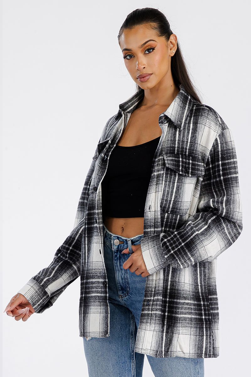 WEIV Boyfriend Oversized Soft Flannel Shacket FL504-BKWH - Karmaloop