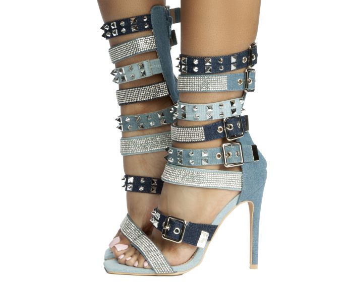 AZALEA WANG Trace Rhinestone Studded Strappy Heel TRACE-DENIM - PLNDR