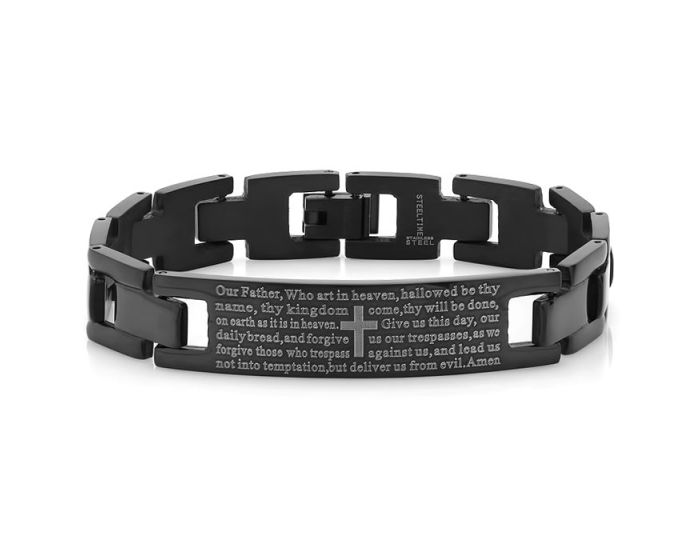 STEELTIME Stainless Steel Our Father Prayer Link Bracelet 613-150-BLACK ...
