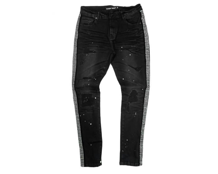 FOREIGN LOCALS Rhinestone Tape Distress Jeans FL3393-BLK - Karmaloop