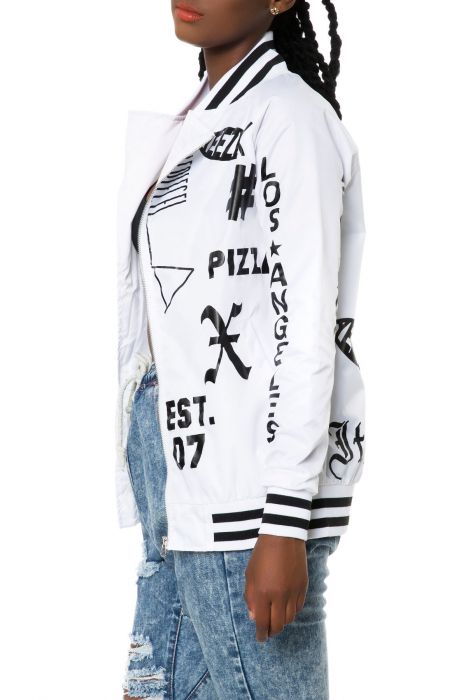 Dimepiece La The Verbiage Varsity Jacket In White C14oe01 Wht Plndr