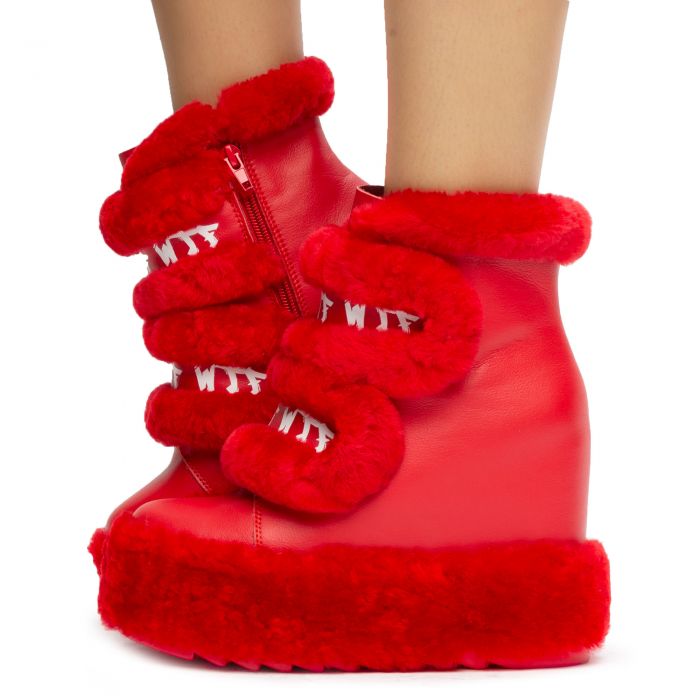 ANTHONY WANG Dizzy Dream Wedge Fur Booties DIZZY DREAM-RED - Karmaloop