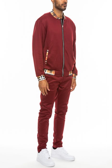 WEIV Checkered Detail Track Jacket Set EMP-EMJ4102-BURG - Karmaloop